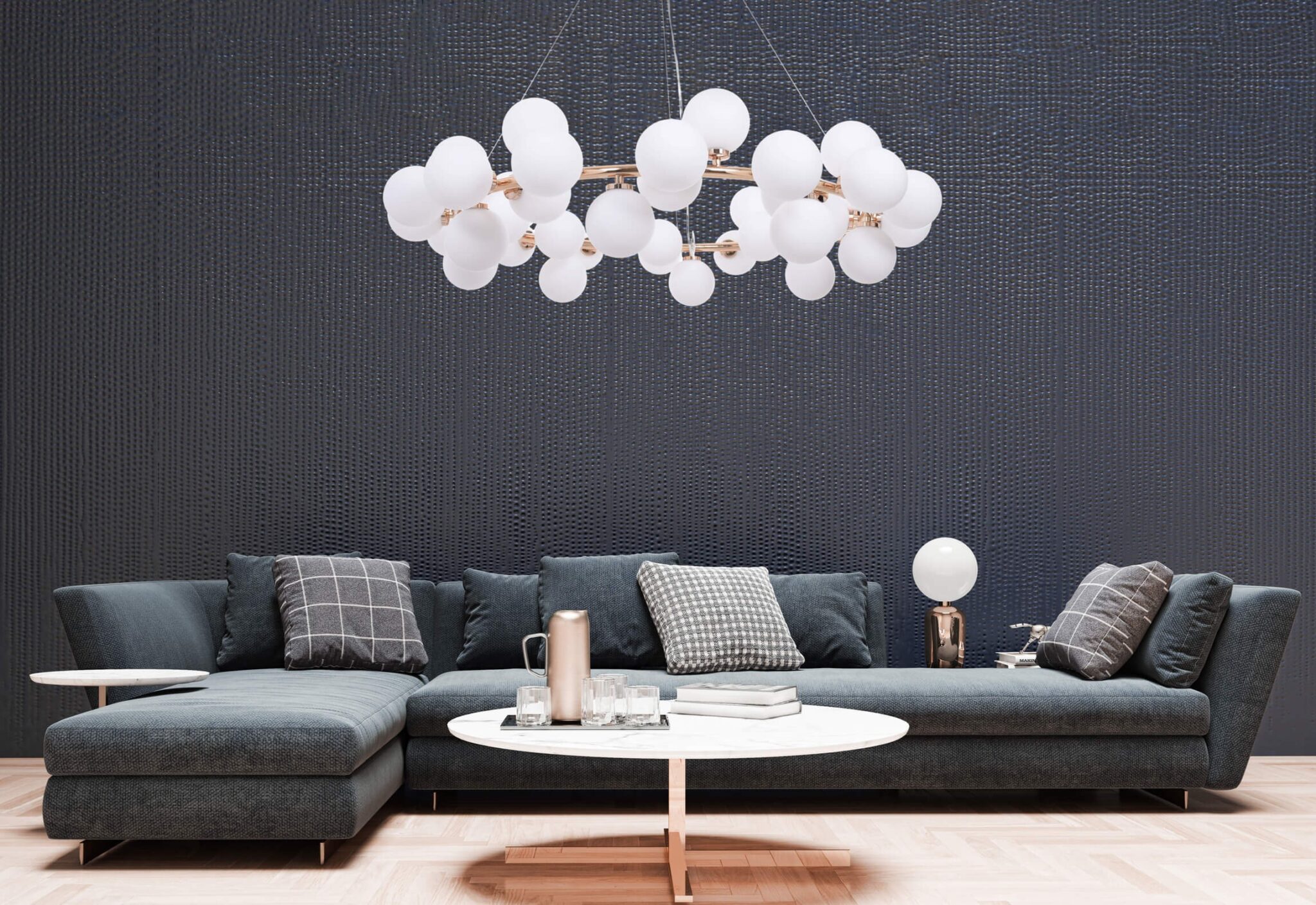 Lampadario design moderno con 40 sfere in vetro bianco opaco