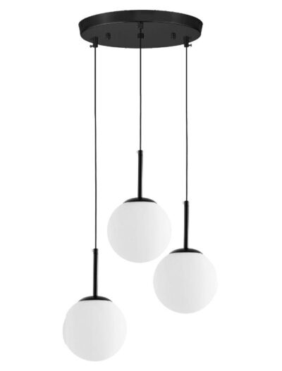 Lampada sospensione tre luci sferiche bianche struttura nera FREDICA W3